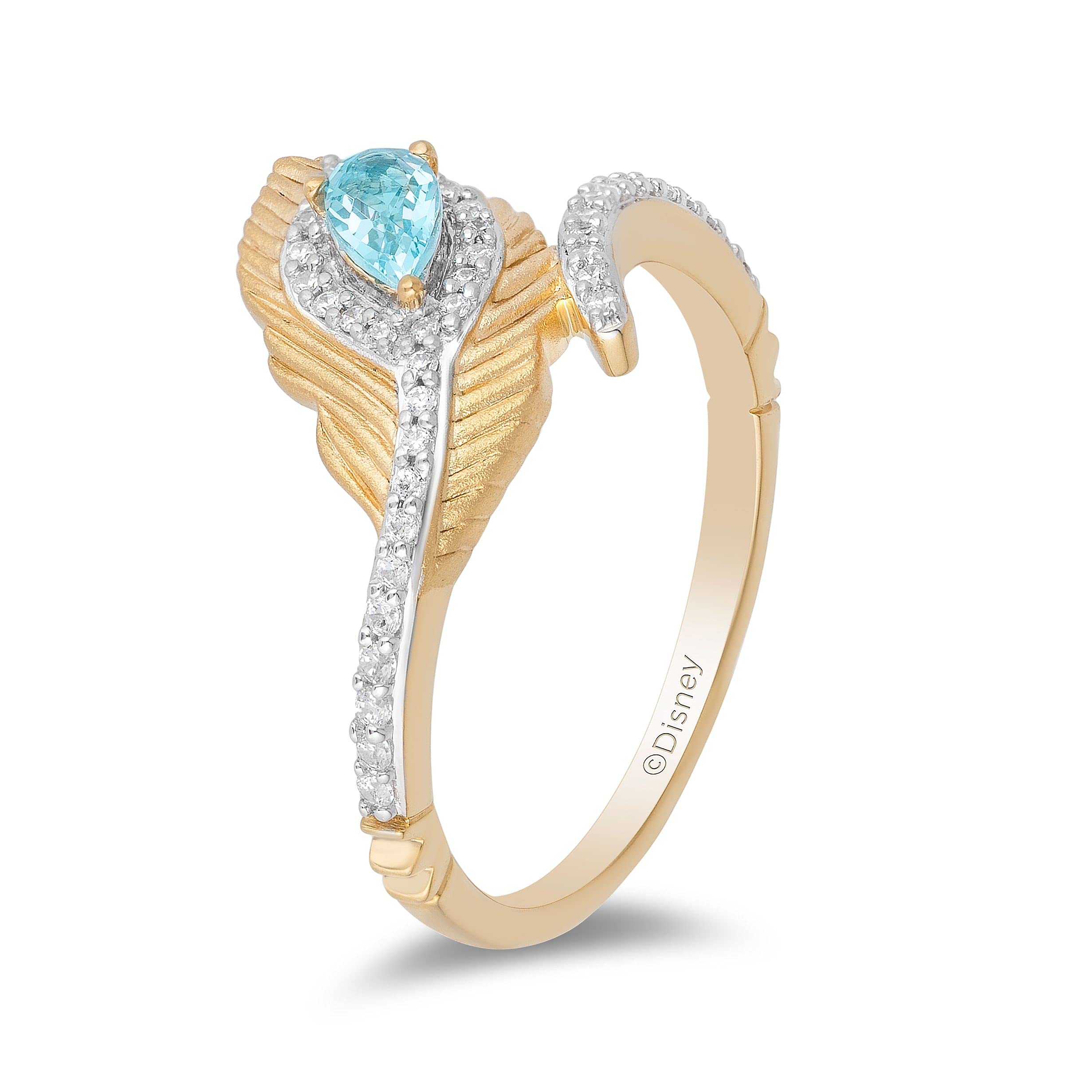 Jewelili Enchanted Disney Fine Jewelry 10K Yellow Gold 1/6 Cttw Diamond and Swiss Blue Topaz Jasmine Peacock Feather Ring Size 8