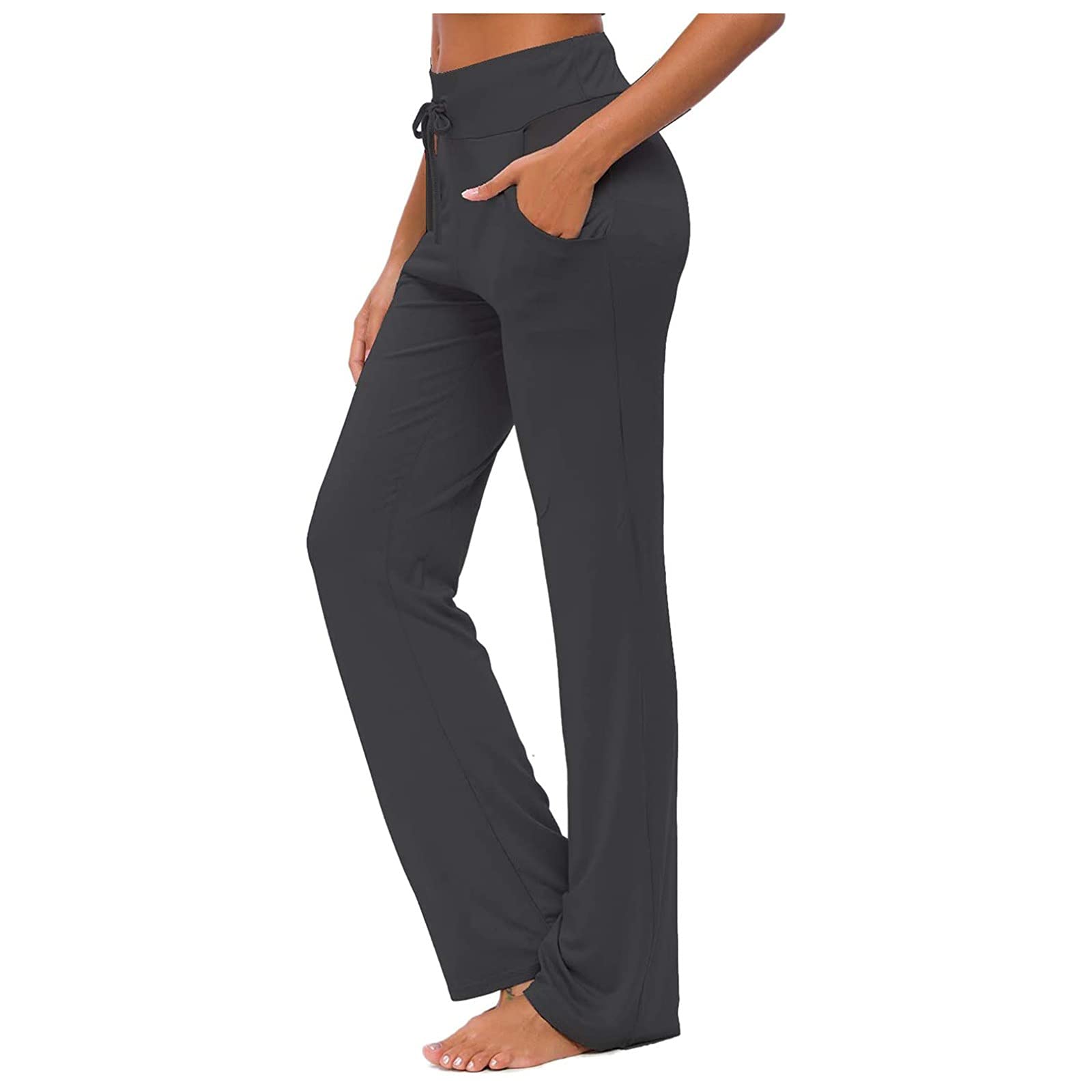 QIUSGE Women Lounge High Waist Yoga Pants Pockets, Solid Comfy Loose Drawstring Wide Leg Joggers Trousers Sweatpants