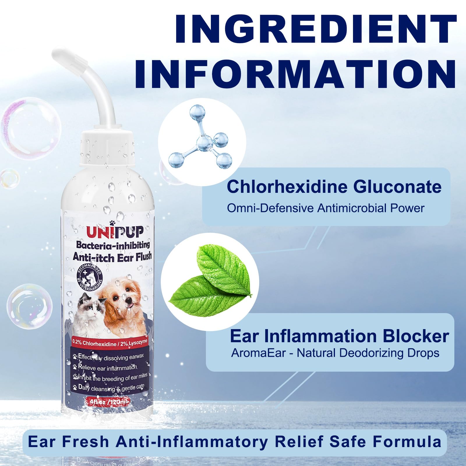 UNIPUP Dog Ear Cleaning Solution,Ear Infection Treatment for Dogs & Cats to Mitigate Itching, Inflammation, and Odor for Maintaining Ear Hygiene, with 30 Cotton Swabs, 4 oz