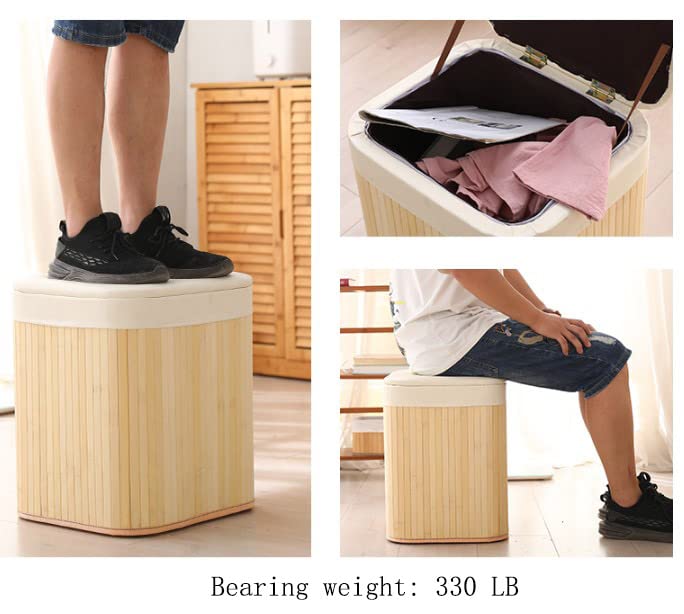 QQXX Bamboo Laundry Basket,Dirty Laundry Hamper Dirty Clothes Basket Bin with Lid and Removable Liner,Two Sections with Large Storage,Ideal for Bedroom Bathroom(Large,Two-Color)