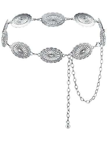 trypro Metal Waist Chain Belt for Women Western Cowgirl Adjustable Concho Silver Chain Belts for Dresses Jeans Gift