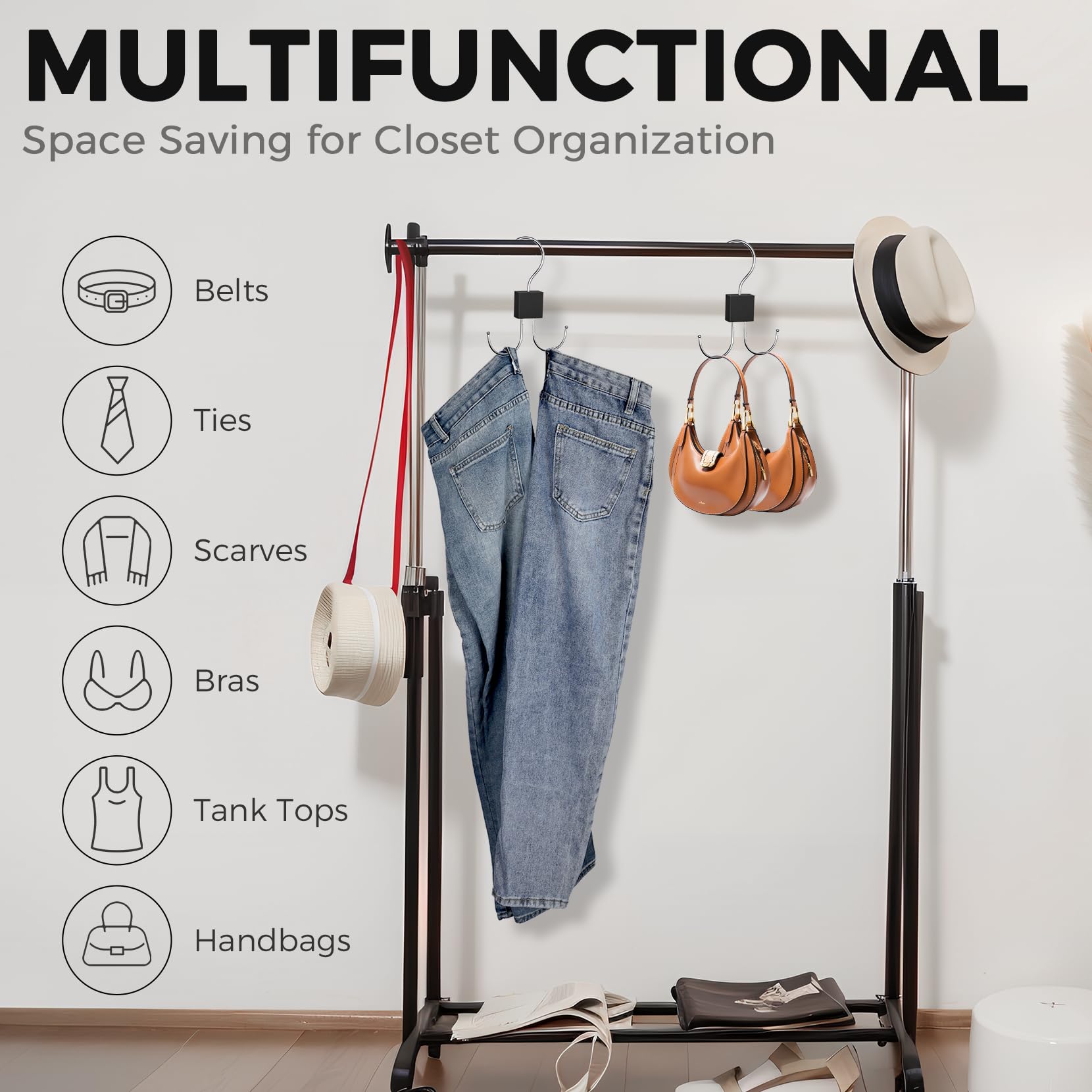 Purse Organizer for Closet, Purse Hanger 6 Pack 12 Purse Storage Hooks, 360° Rotatable Space Saving Closet Organizers and Storage for Purse, Handbag, Bag, Jeans, Belt, Scarf