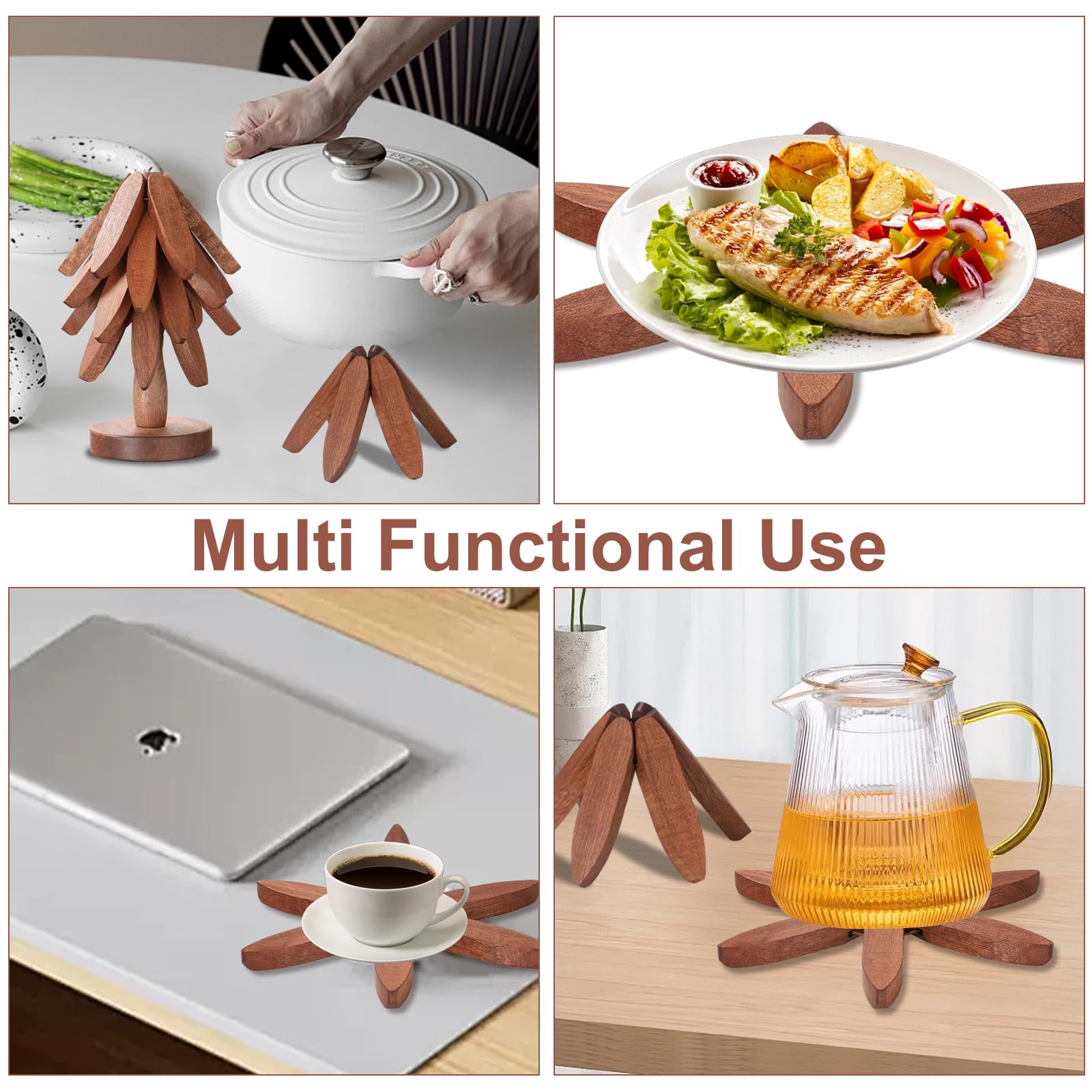 Wooden Trivets for Hot Dishes, Tree Shape Trivets Set, 4 Wooden Trivets + 1 Stand Stored Like a Christmas Tree, Sapele Wood Trivets for Hot Pots, Pans, Bowl, teapot