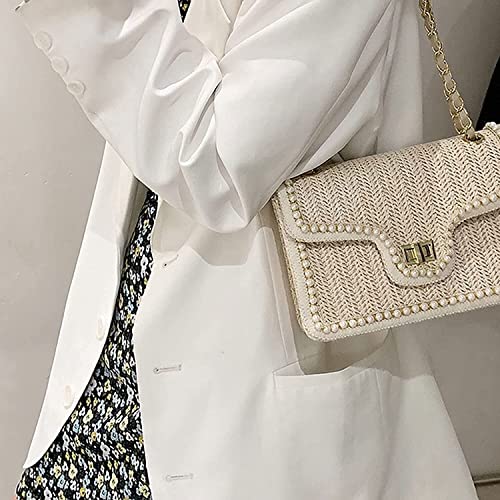 Purses and Handbags Solid Color Sturdy and Durable Lady's Straw Woven Bag Summer Hand-woven Straw Shoulder Bag (Color : White, Size : Small)