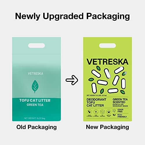 VETRESKA Tofu Cat Litter, Natural Eco-Friendly Pretty Kitty Litter, Flushable Clumping Tofu Cat Litter Pellets - Ultra Absorbent, Odor Control, Dust-Free Low Tracking Cat Litter, Greentea