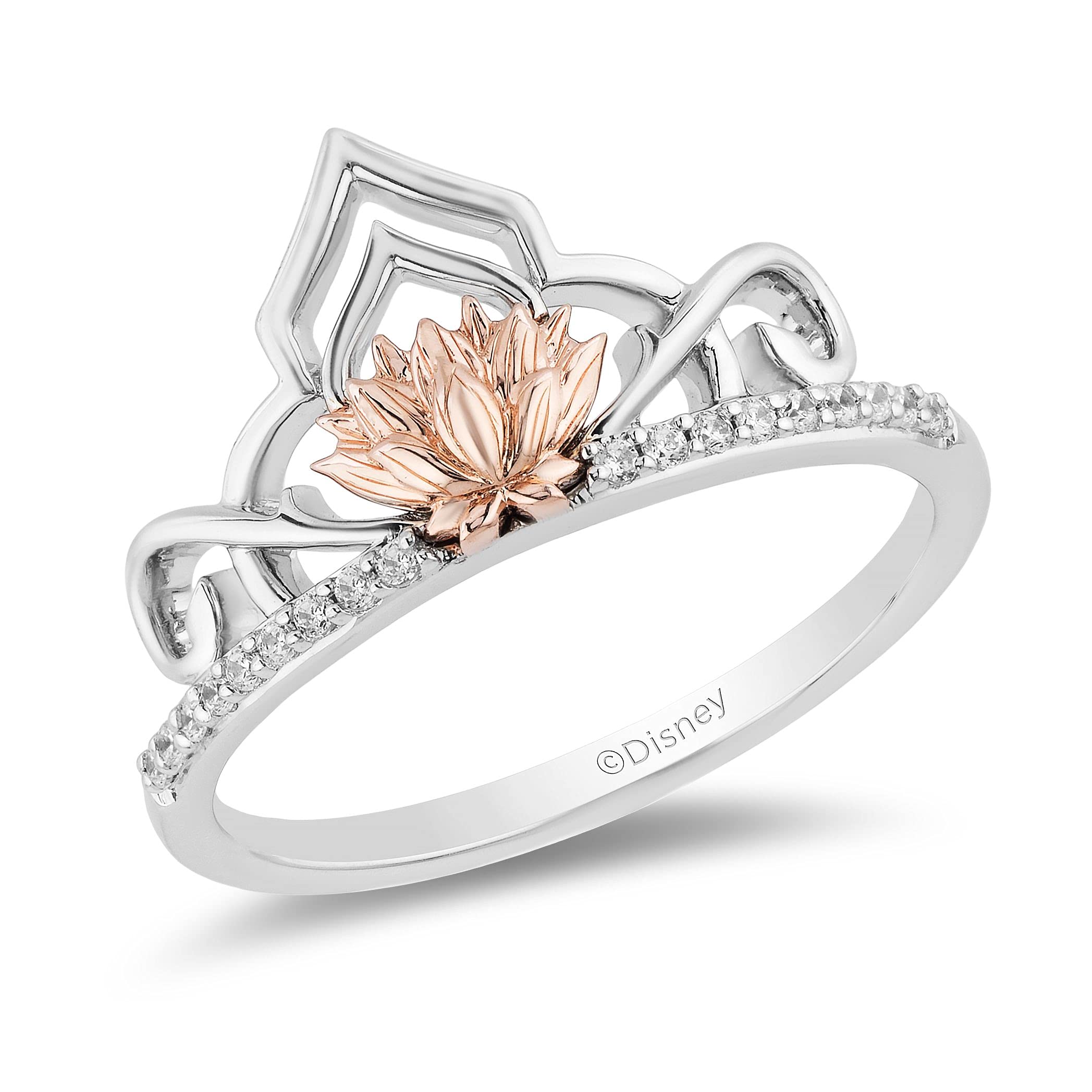 Jewelili Enchanted Disney Fine Jewelry Sterling Silver and Rose Gold Plating 1/10 Cttw Diamond Jasmine Lotus Ring