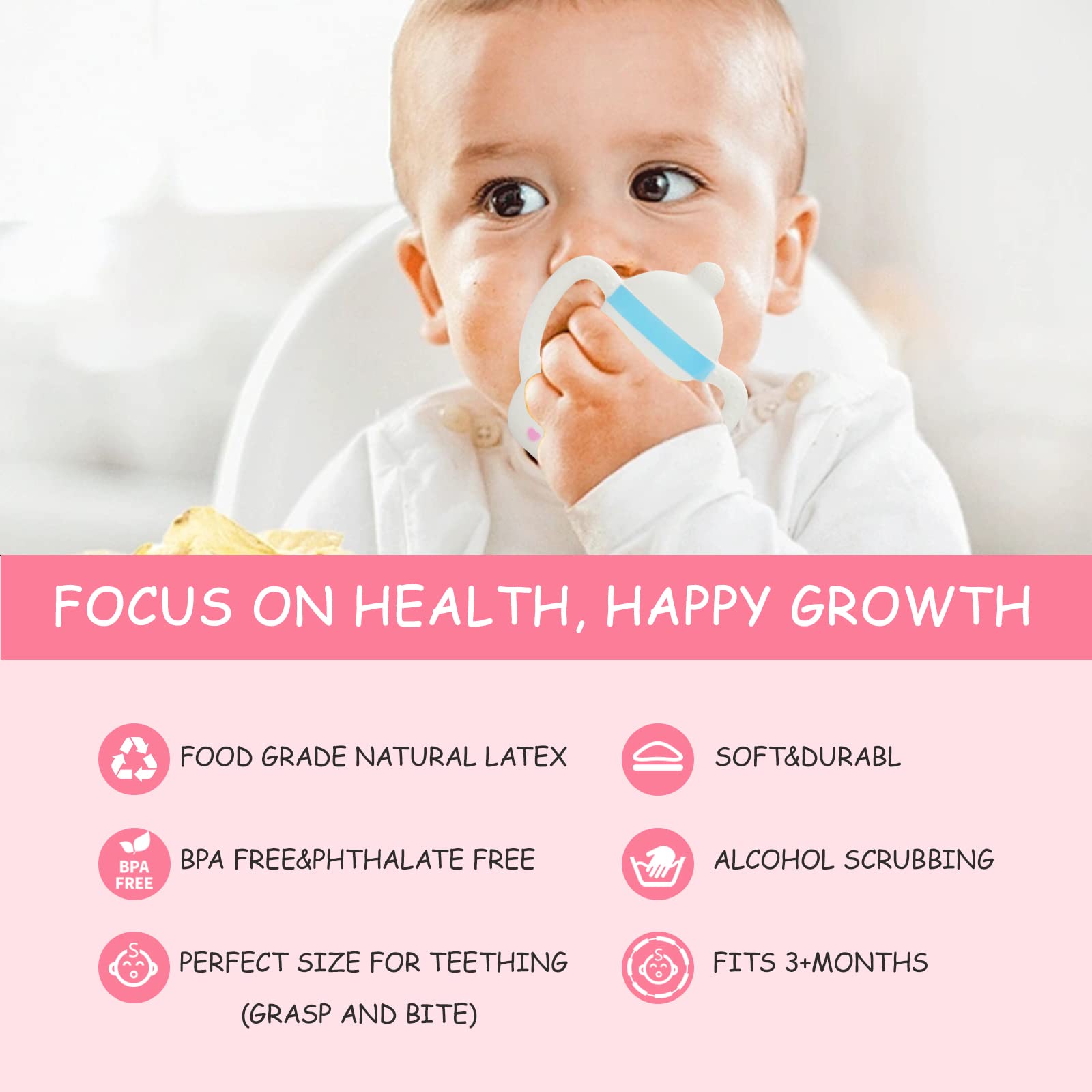 RidiBaby Baby Bottle Teether- Natural Latex Teething Toy for Babies 0-6 Months Soothing Relief- Safe Alternative to Pacifiers, Built-in Whistle with Easy to Hold Handles.