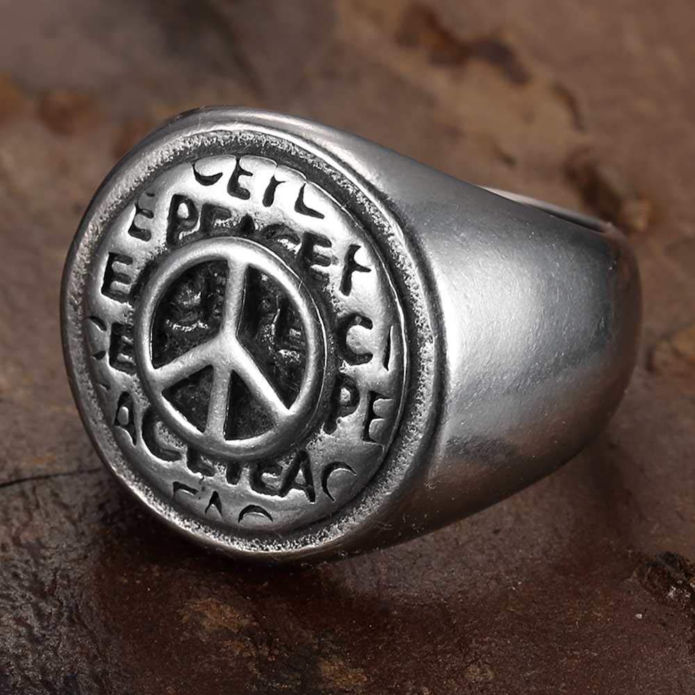 Jude Jewelers Retro Vintage Stainless Steel World Peace Sign Emblem Cocktail Party Biker Ring (Silver, 10)