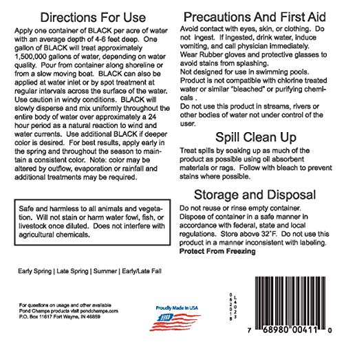Pond Champs Black Lake & Pond Dye β One Gallon of Deep Black Pond Colorant β Treats 1 Acre β Keeps Pond Safe from UV Rays - Safe for Fish, Wildlife, Pets & Children