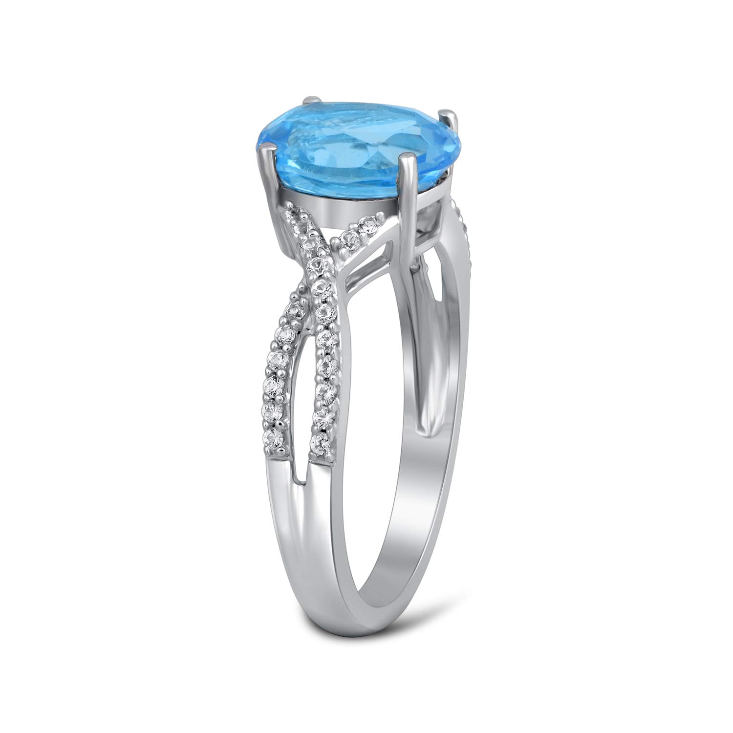 Jewelili Sterling Silver 9x7mm Oval Swiss Blue Topaz and Created White Sapphire Split Shank Ring, Size 7