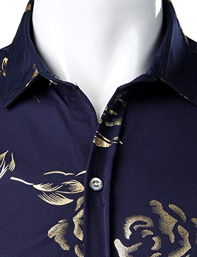 ZEROYAA Men's 3D Golden Rose Printed Slim Fit Long Sleeve Button Down Floral Dress Shirts ZZCL30 Navy Blue Small