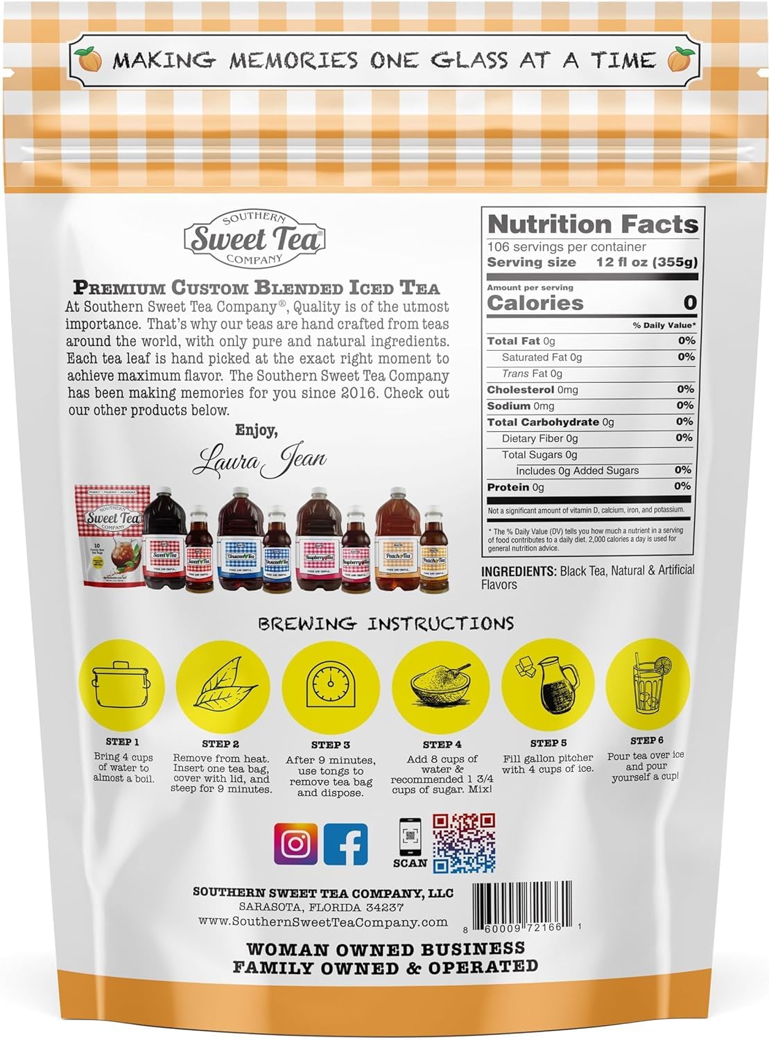 Iced Tea Bags Georgia Peach One Gallon Size,10 Gallon Per Pack, Unsweetened Caffeinated Quick Brew Real Southern Ice Tea by Southern Sweet Tea Company