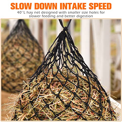 Tudomro 4 Pcs Hay Net Slow Feed Hay Bag 35 Inch Hanging Hay Feeder for Horses Small 2 x 2 Inch Holes Feeding Net Hanging Travel Feeder for Trailer and Stall, Simulates Grazing, Reduce Waste