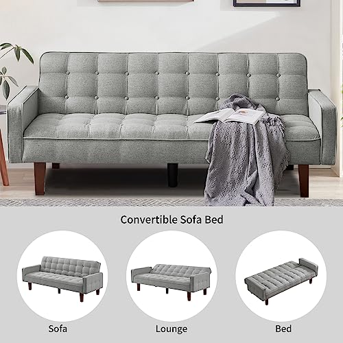 VIPNEW Convertible Futon Sofa Bed, Modern Tufted Loveseat Sofa Sleeper, Linen 3 Seater Couch for Living Room, Bedroom, Apartment, Grey