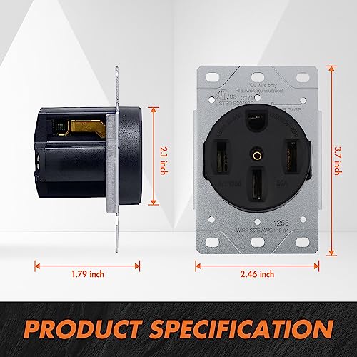 NEMA 14-50R Receptacle 50 Amp Flush Mounting Outlet with Wall Plate, 3 Pole, 4 Wire 125/250V, Heavy Duty Commercial Industrial Grade UL Listed, Micmi