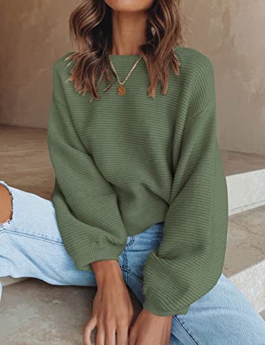 ZESICA Women's 2023 Crew Neck Long Lantern Sleeve Casual Loose Ribbed Knit Solid Soft Pullover Sweater Tops,ArmyGreen,Medium
