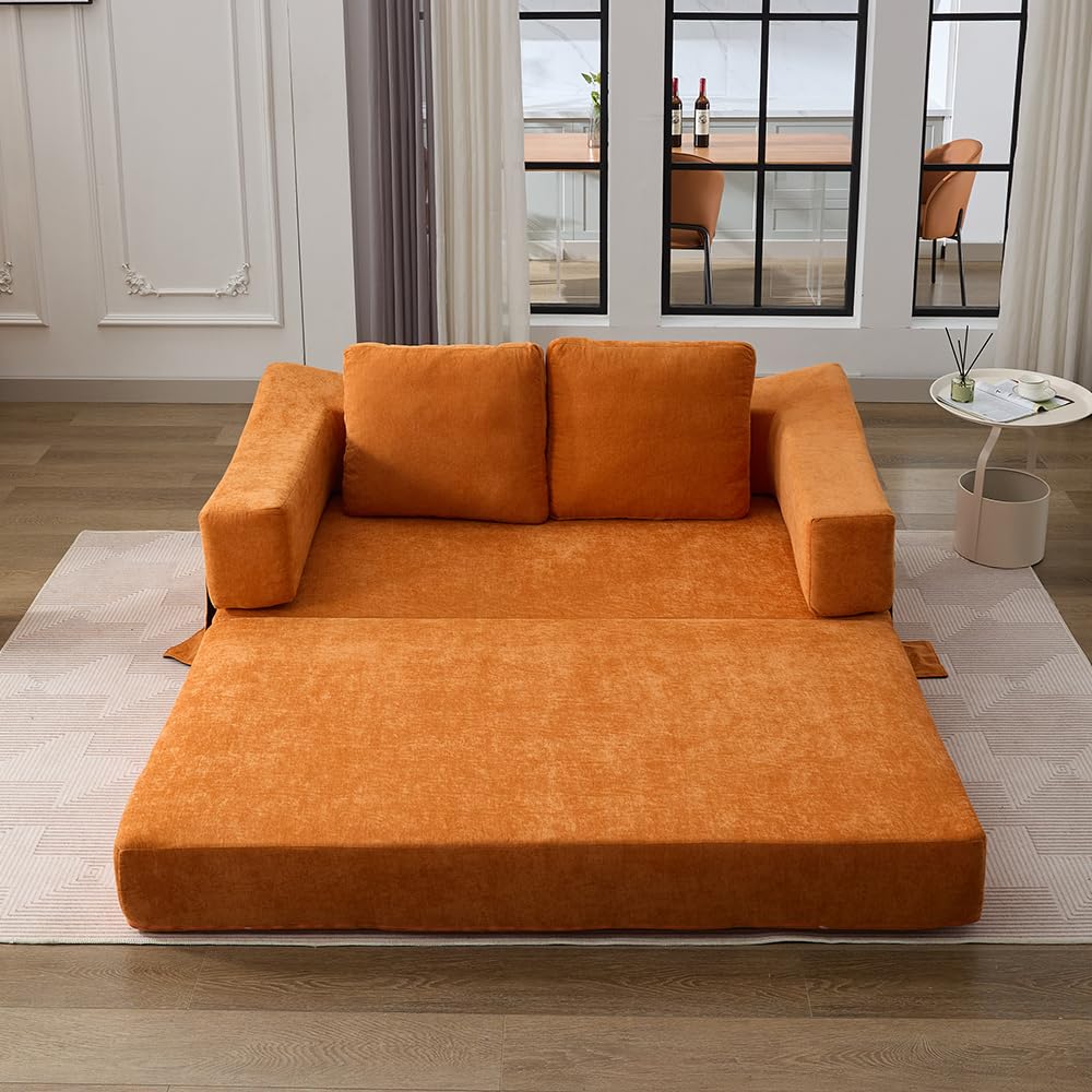WILLIAMSPACE 70.87" Modern Loveseat Sofa Fold-Out Sofa Bed, Convertible Chair Floor Couch with Removable Backrest, Comfy Sofa for Living Room, Bedroom, Chenille Fabric (Orange)