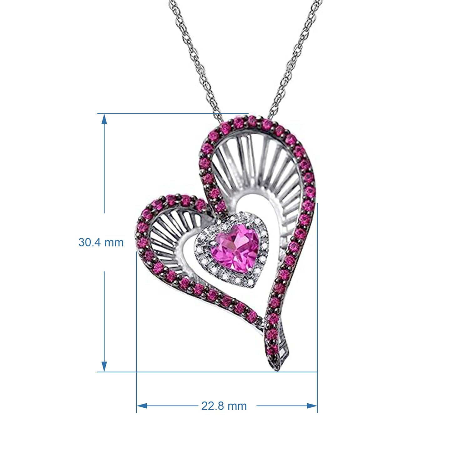 Jewelili Sterling Silver 6 MM Heart Shape Created Ruby, Created Pink Sapphire and Natural White Diamond Accent Pendant Necklace, 18" Cable Chain