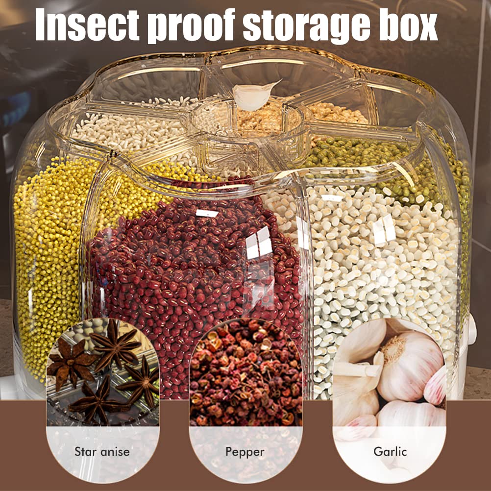 OHEPFD Food Grain Storage Container Large Capacity 6-Grid Rice Dispenser, 9L Rotatable Sealed Grain Storage Rice Bucket Kitchen Storage Box for Home Kitchen