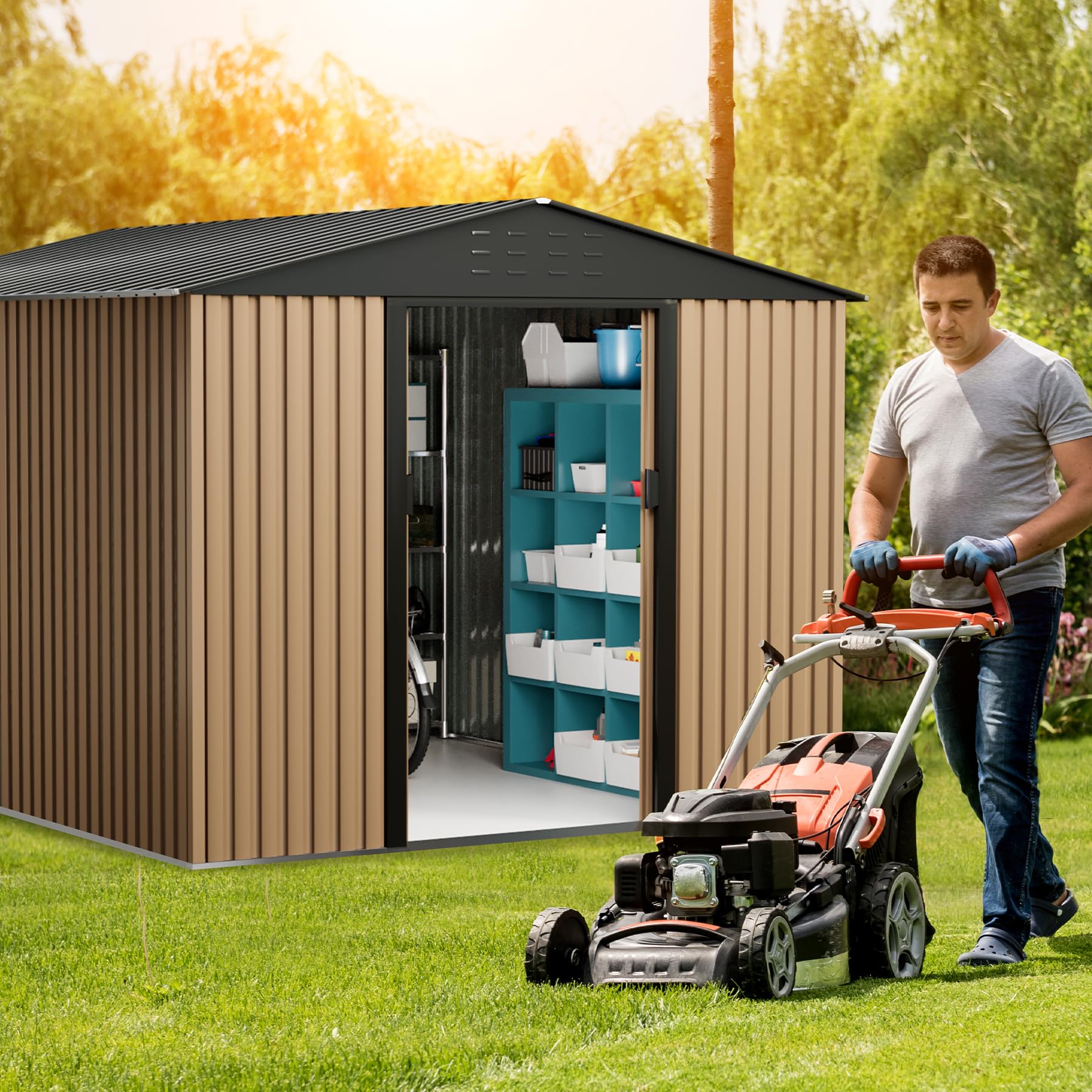 VerisShade Outdoor Storage Shed, 10 x 8 FT Utility Tool Shed, Metal Storage Garden Shed with Door & Lock for Patio Storage, Brown