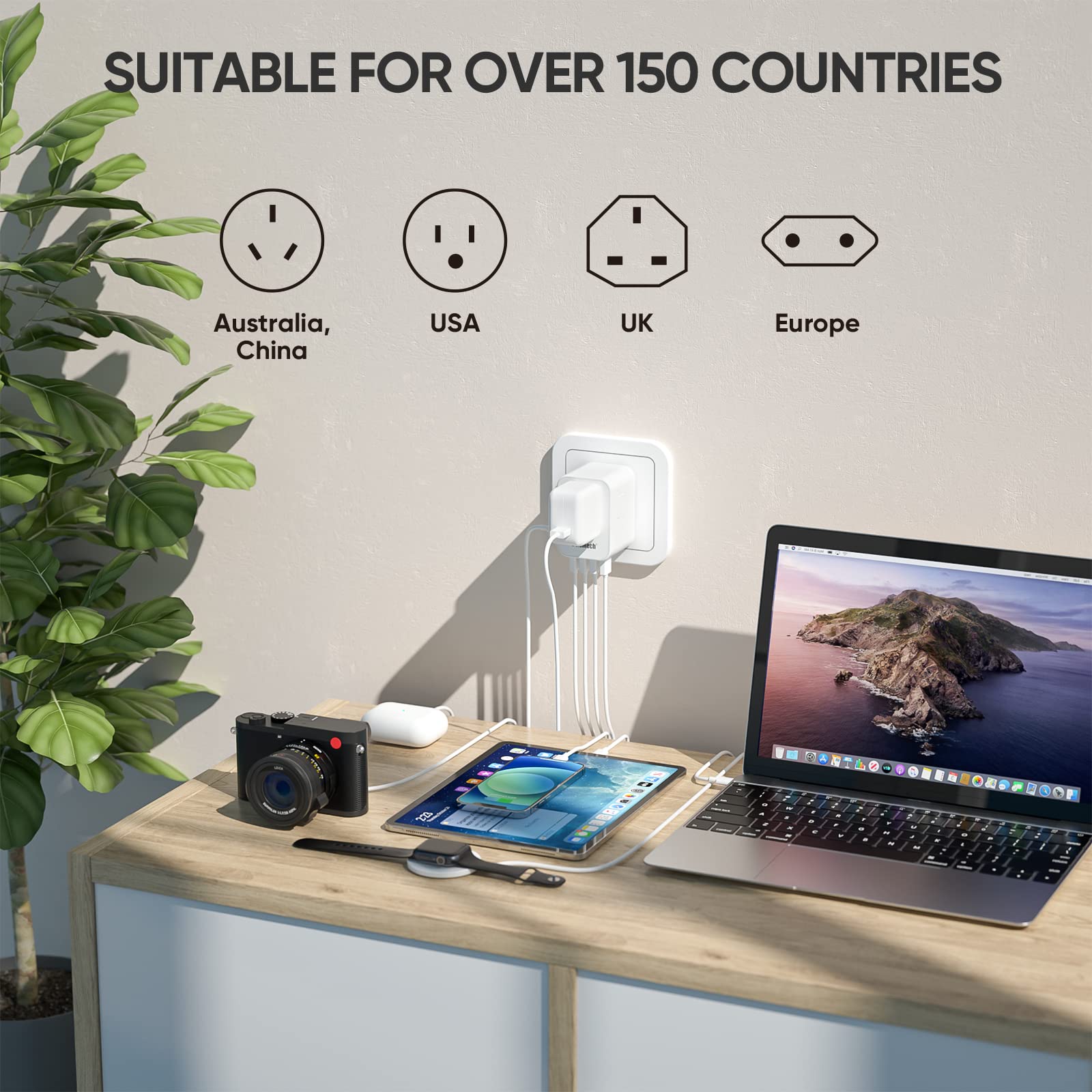 ROMECH Universal Travel Adapter, 5.6A Smart Power International Plug Adaptor AC Wall Charger for Global Travelling USA Europe EU UK AUS (Type C + Four Type A, Black)