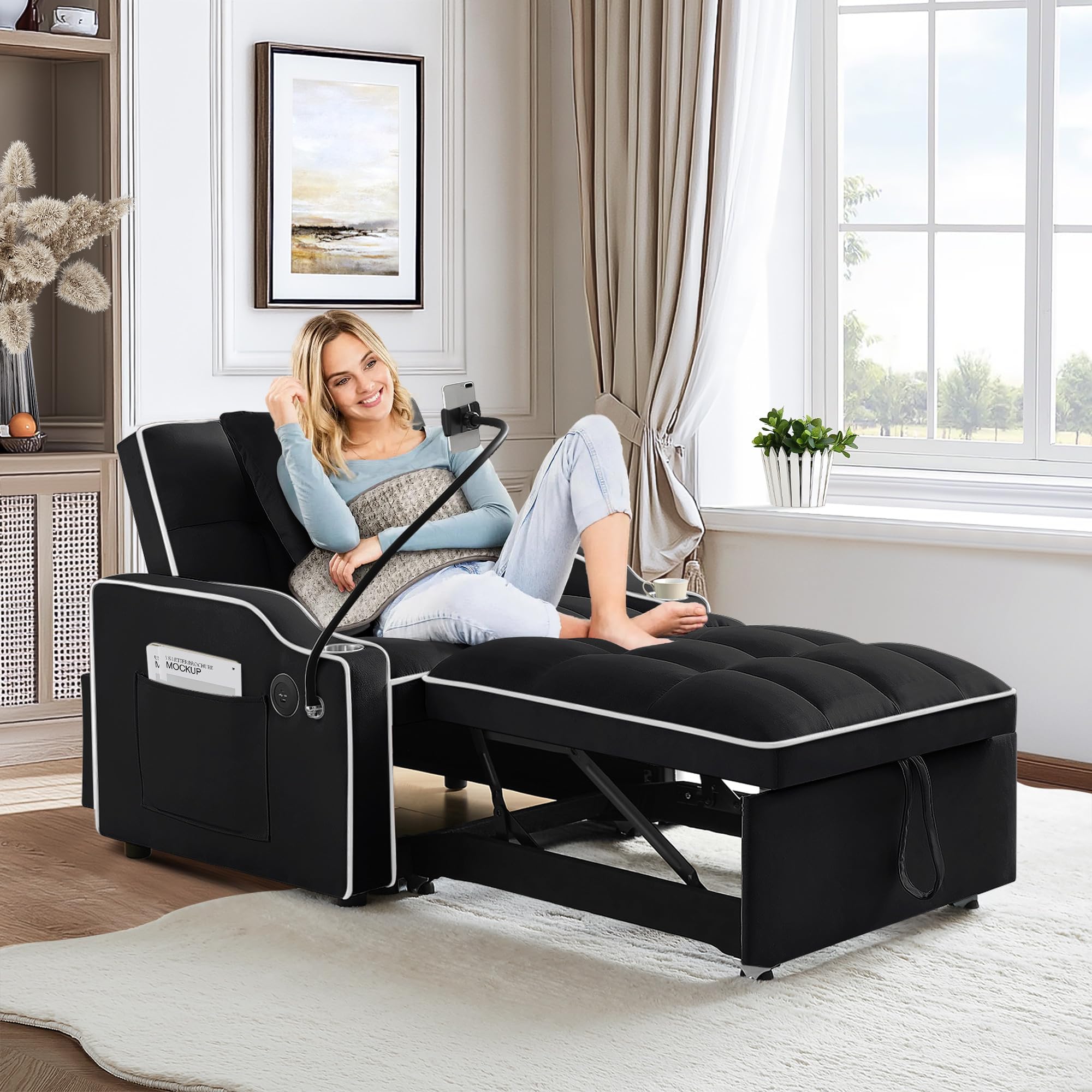 YASHFU 3 in 1 Sleeper Sofa Couch Bed, Velvet Convertible Loveseat Sleeper Sofa with USB Port and Ashtray & Swivel Phone Stand, Storage Pockets, Pull Out Loveseat Sleeper for Living Room(Grey)