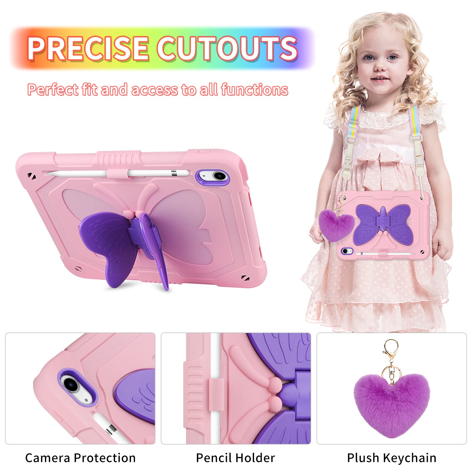 WESADN for iPad 10th Generation Case 2022 with Butterfly Kickstand/Screen Protector/Lanyard/Keychain Case with Pencil Holder for Girls Tablet Cover for iPad 10th Gen 10.9'' Rainbow Pink