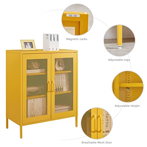 SPACEROCK Storage Cabinet Kitchen Buffet Pantry 40β Stylish Metal Pantry Cabinet with 2 Mesh Doors, Suitable for Office, Dining Room, Living Room, Yellow