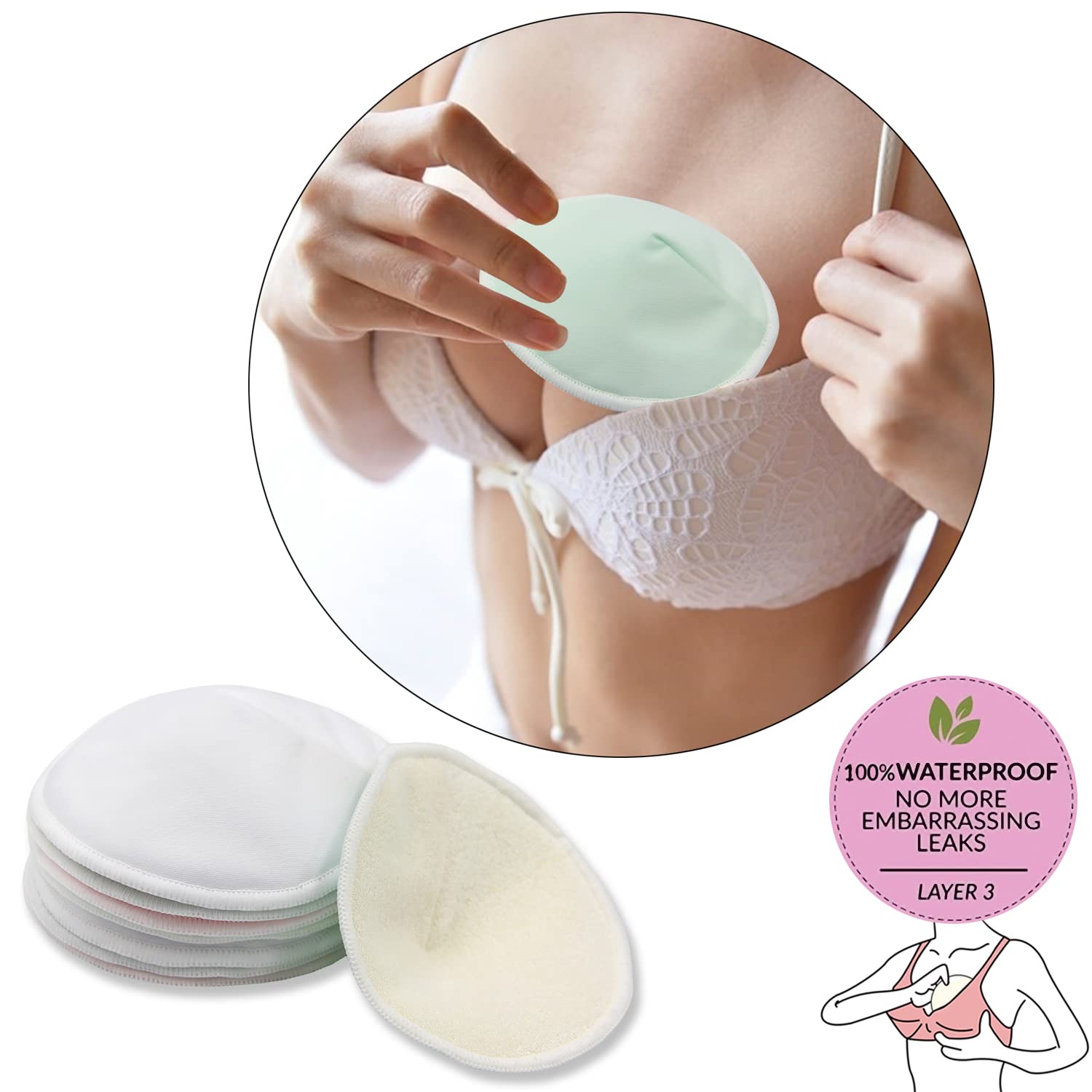 PINOWU Women’s Nursing Pads - 8 Washable Pads + Wet Bag + Wash Bag, Breastfeeding Nipple Pads for Maternity - Reusable Nipplecovers for Breast Feeding (Pastel Touch, Large 4.7")