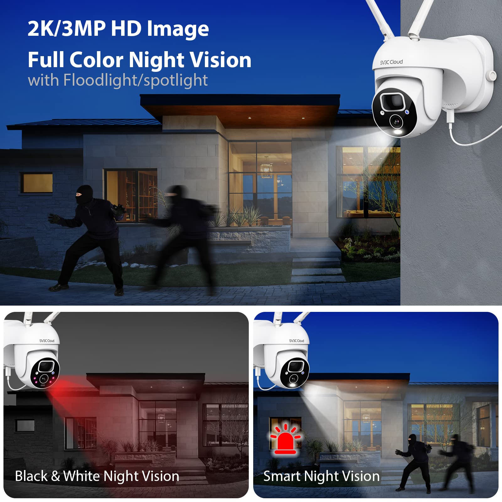 SV3C Wireless Solar Camera Outdoor, 2K PTZ WiFi Security Cameras, Pan Tilt Battery Exterior Cámara with Spotlight, PIR Motion Detect, Color Night Vision, 2-Way Audio, Alexa, Cloud & SD Card Storage