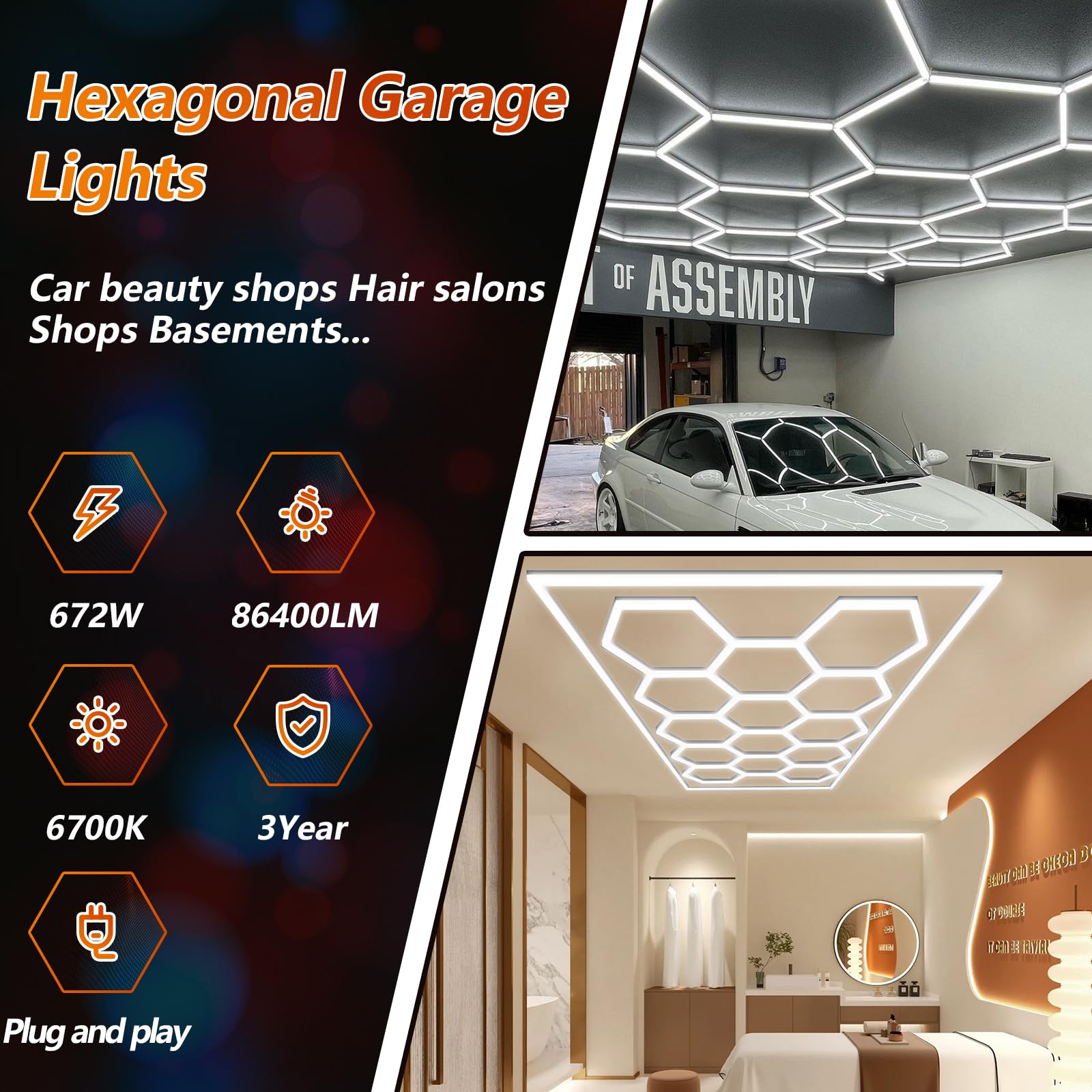 TOGJNDLL ๐ต๐๐ Hexagonal Garage Lights, Thickened Aluminum 14 Hex Grid with Rectangule Frame, High Brightness 672W 86400LM 6700K, for Garages, Shops, Basements, Car Detailing Shops, 3-Yr Warranty