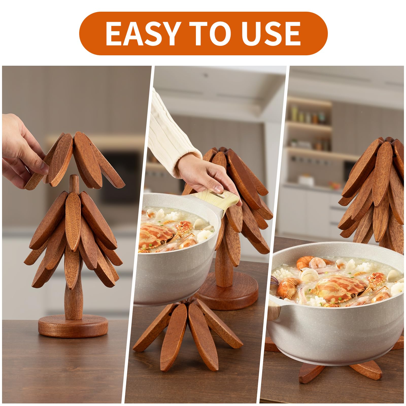 Vertdens Wooden Trivets for Hot Dishes, Tree Shape Trivet Set,Hot Dish Coaster with Tree-Shaped Wood Collapsible Hot Pad Trivet Tree for Restaurant,4 Wooden Trivet + 1 Stand(Walnut Wood)