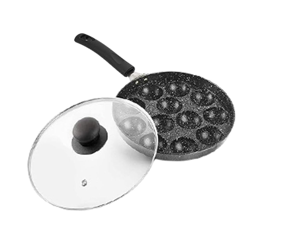 Non Stick Aluminium Appam Maker Pan 12 Pits with Glass Lid, Black