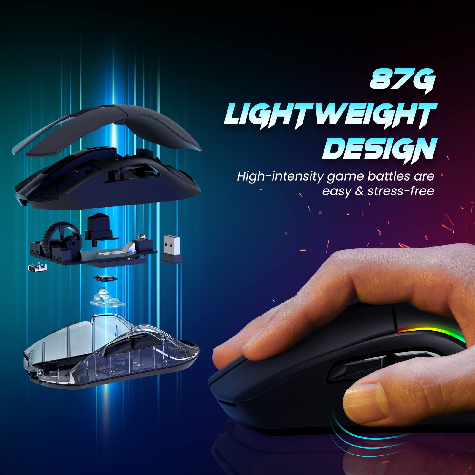 RisoPhy Wireless Gaming Mouse with RGB Magnetic Charging Dock, Lightweight Tri-Color Backlit, Buttons Fully Programmable, for PC, Mac