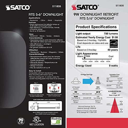 Satco (8 Pack) Led Color Selectable Downlight Retrofits, Part Number S11835, 9 Watt; 5 Inch - 6 Inch; Cct Selectable; 120 Volts; Dimmable; Black Finish for Industrial and Commercial Use