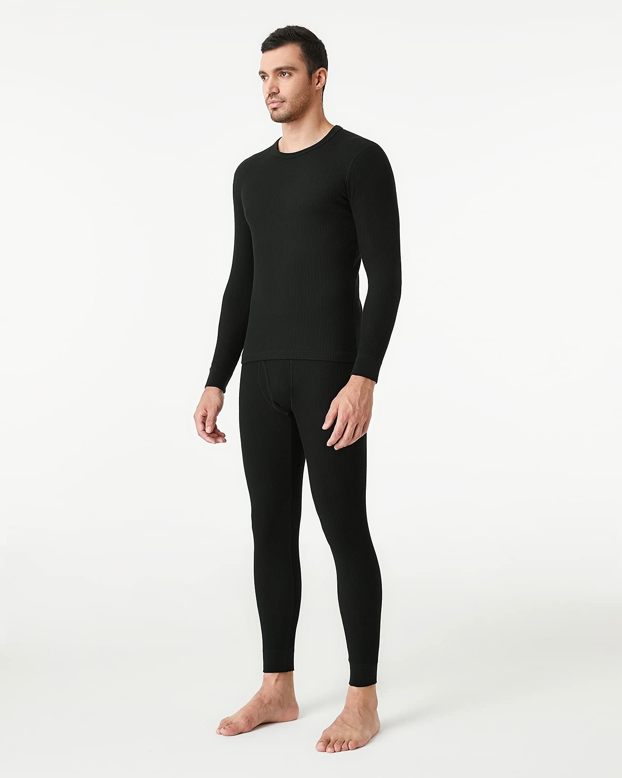 LAPASA Men's Cotton Waffle Thermal Underwear Set Top Long Sleeve Warm Long Johns Base Layer Shirt & Bottom Cold Weather Midweight M60 Medium Black