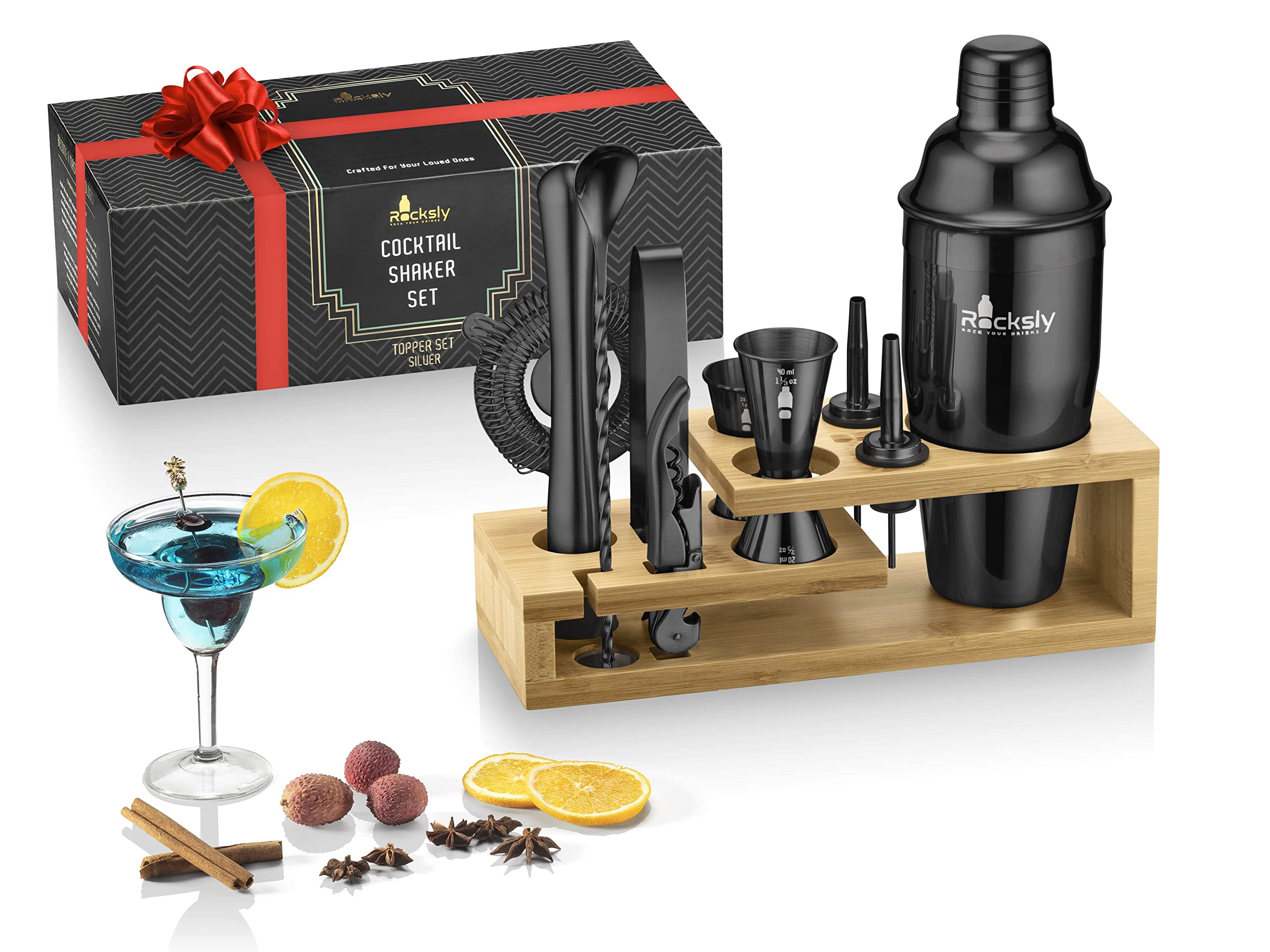 ROCKSLY Mixology Bartender Kit and Cocktail Shaker Set for Drink Mixing | Mixology Set with 10 Bar Set Tools and Bamboo Stand Makes It The Perfect Home Cocktail Kit | Complete Bartender Kit (Black)