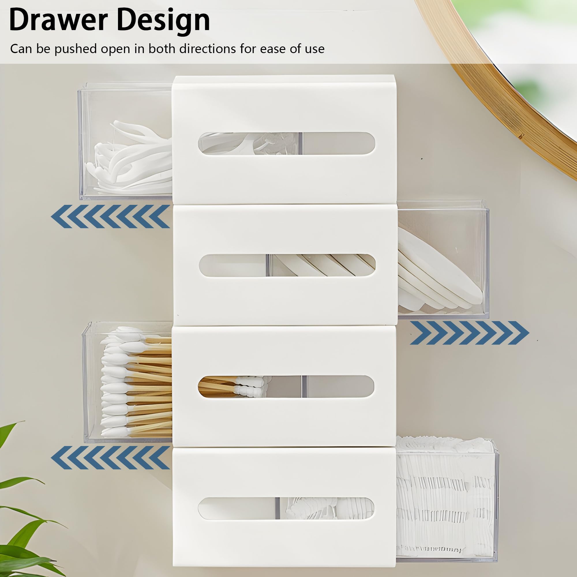 Wall Mounted Qtip Holder Canisters, Bathroom Organizers and Storage, Multi-Functional Double-Sided Drawer, for Cotton Balls, Swabs, Floss, Hair Tie, No Drilling(3 Pack)