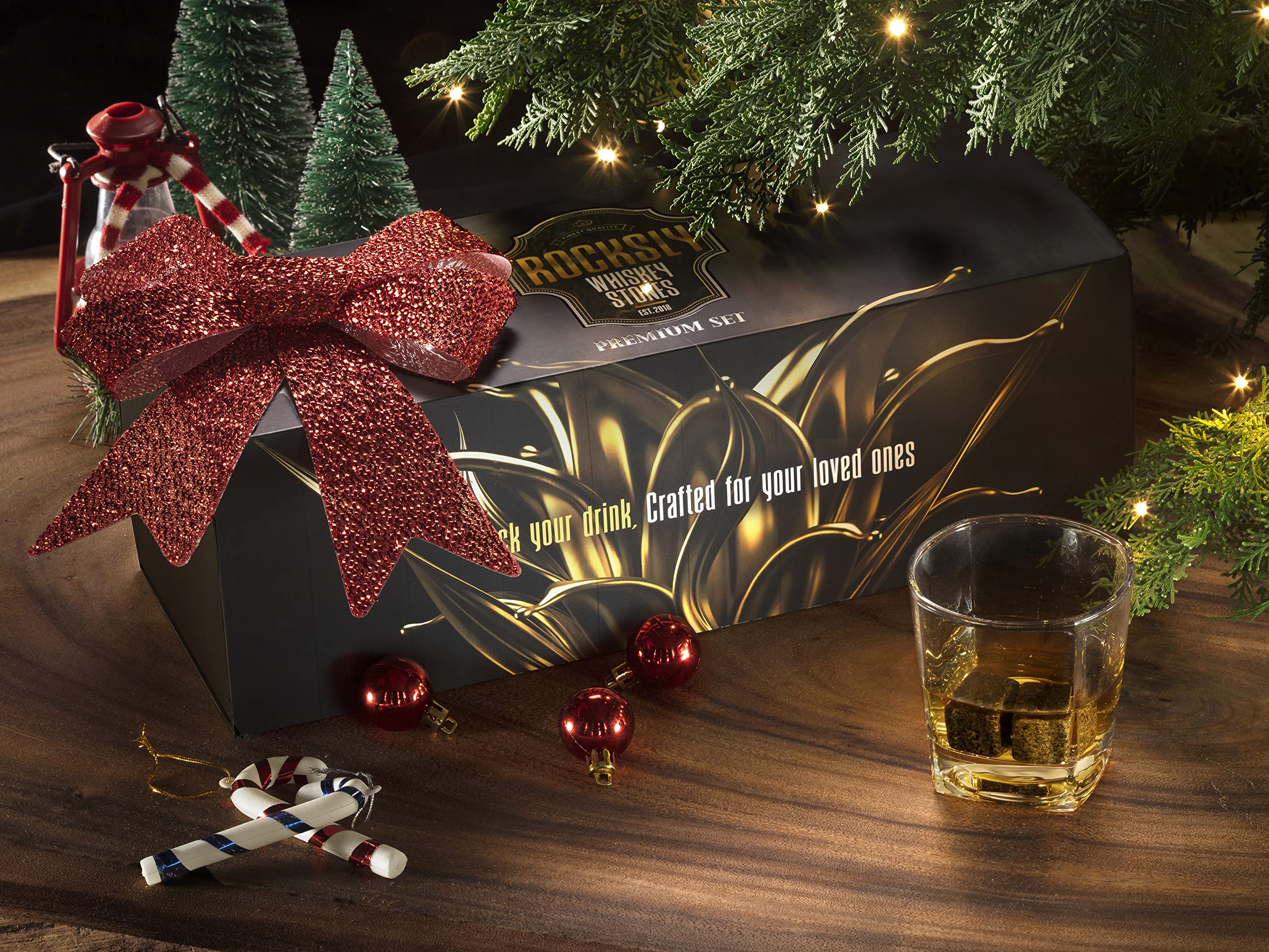 ROCKSLY Whiskey Stones Gift Set with Stand | Handcrafted Whiskey Glass Set Granit Whiskey Rocks for Perfect Drink | Whiskey Gift Set & Whiskey Kit | Best Whisky Stones Glass Set for Men dad (Mahogany)