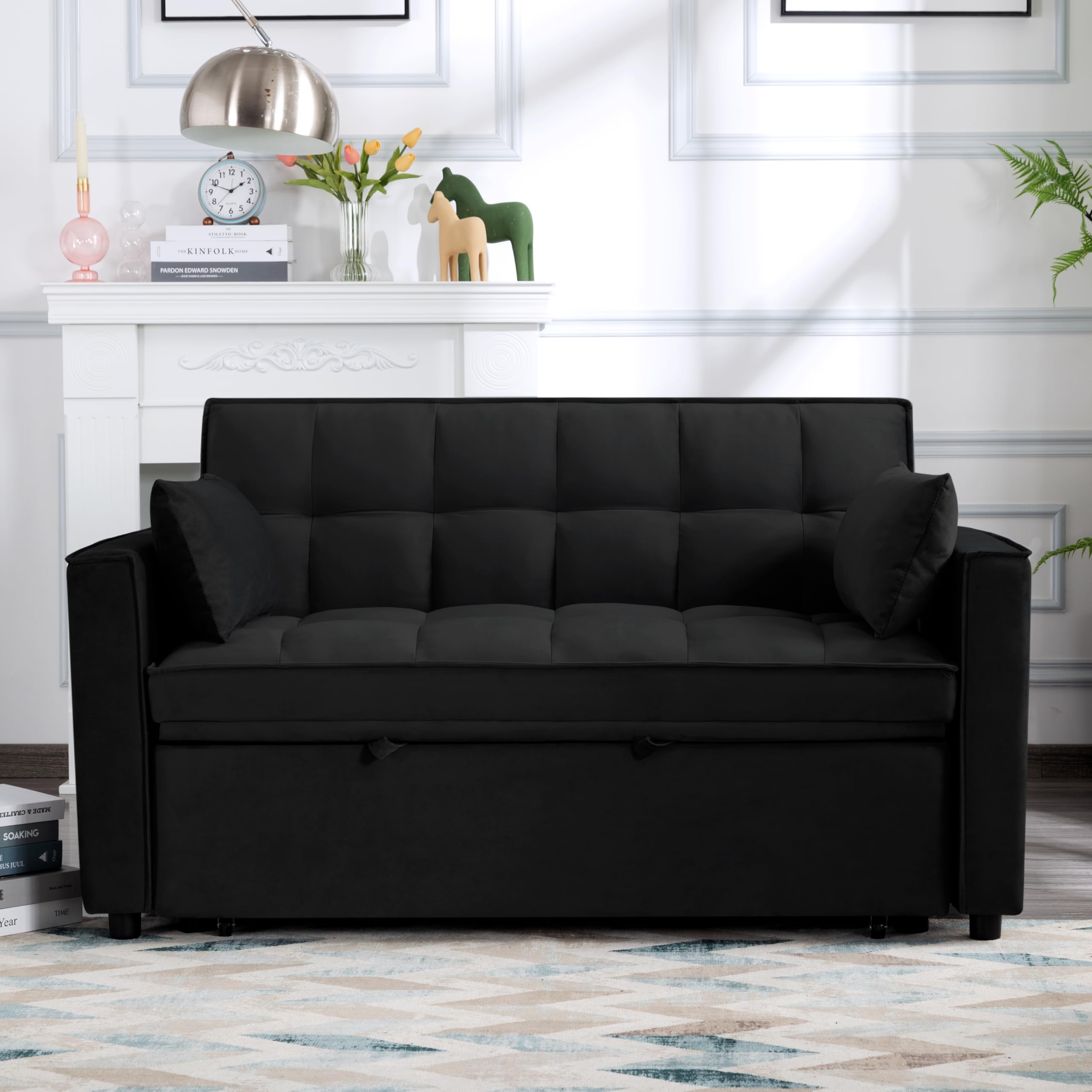 UOCFYK 55" 3-in-1 Sleeper Sofa Loveseat Convertible with 2 Pillows,Velvet Fabric with Side Pocket and Reclining Backrest,Sofa Bed Pull-Out Sleeper Sofa Bed,Upholstered Loveseat for Living Room,Black