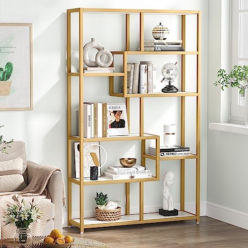 Tribesigns Bookshelf 5 Tier Etagere Bookcase, Modern Gold Book Shelf Organizer Display Rack with 8 Open Storage Shelf for Home Office, Living Room, Bedroom