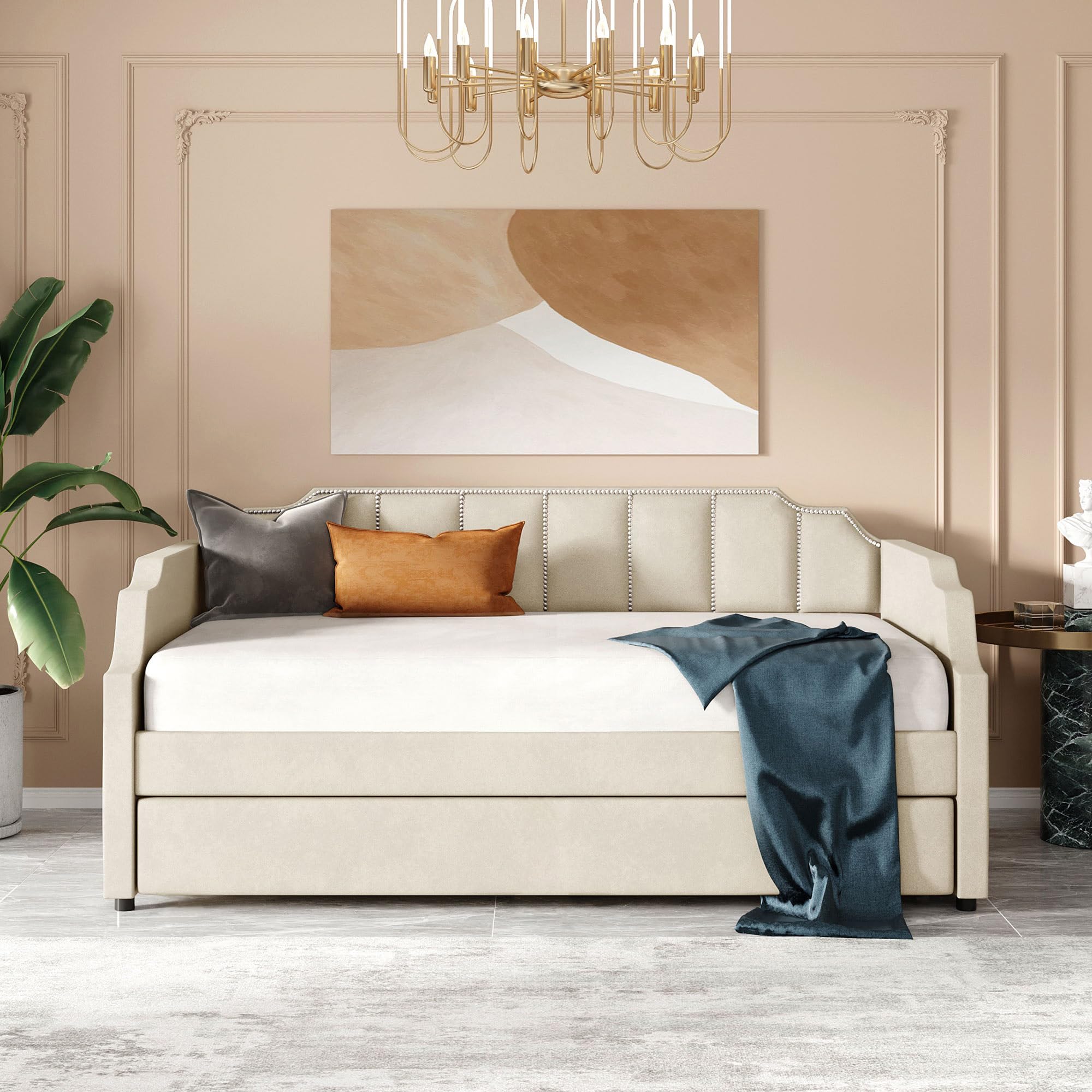 UOCFYK Full Size Upholstered Daybed with Trundle,Modern Wood Platform Bed w/Side Stripes,Space Saving Design, Wooden Slat Support, No Spring Box Need for Bedroom, Living, Guest Room,Beige