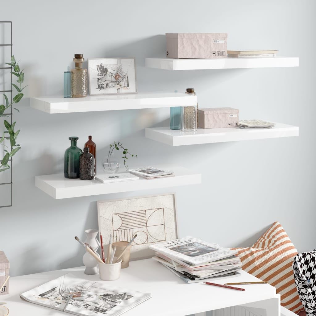 vidaXL Set of 4 High Gloss White Floating Shelves - Durable Honeycomb MDF with Metal Frame - 23.6"x9.3"x1.5"