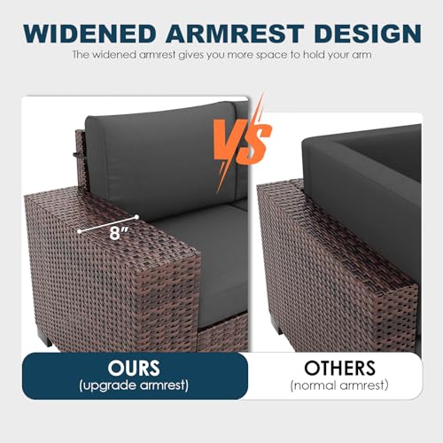 VONZOY Patio Furniture Set with Fire Pit Table, 7 Piece Outdoor Sectional Conversation Sets Wicker Rattan Sectional Sofa with Coffee Table for Patio Garden Backyard, 4'' Thickened Cushion Dark Grey