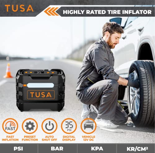 TUSA Tire Inflator Portable Air Compressor for Car - Air Pump Works continuously for up to 30 Minutes (up to 150 PSI with Emergency LED Light)