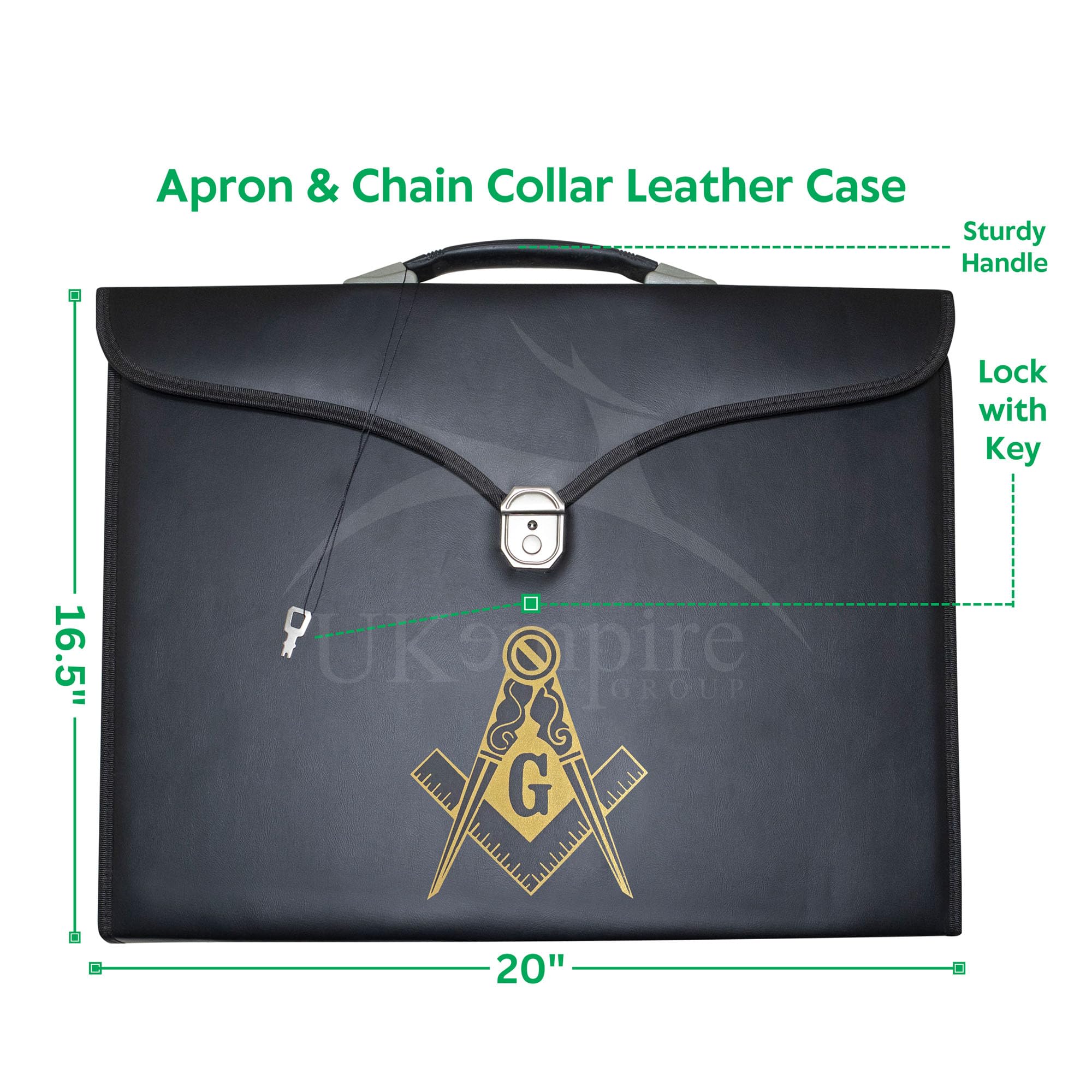 UK EMPIRE GROUP Masonic Apron & Chain Collar Case Leather Master Mason (Printed) MM, Provincial Size β Freemason Carrying Bags (Gold)