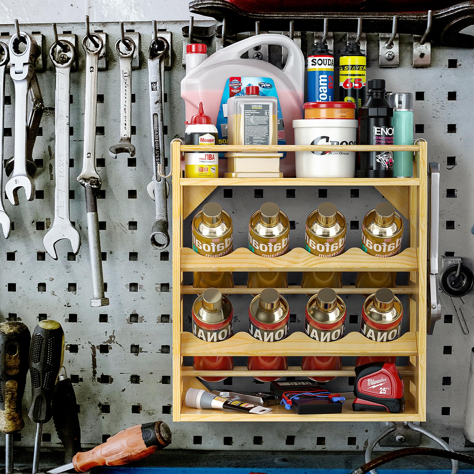 uyoyous Spray Paint or Lube Can Storage Holder Rack 4 Tier 8 Can Wall Mount Spray Can Organizer Wood Shelf Case Organizer for Garage Shop Craft Workroom 15.75In(L) x16.9In(W) x6.7In(H)