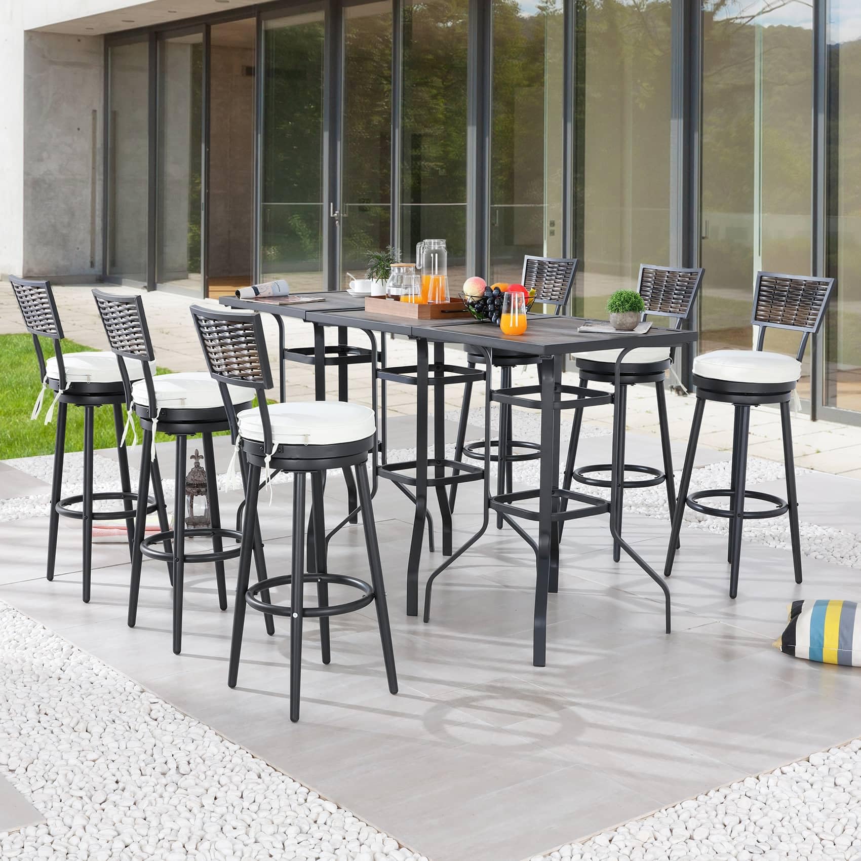 TOP HOME SPACE Patio Bar Stools Outdoor Swivel Bar Height Stool Chairs with Rattan Back Cushion for Deck Porch Backyard, Set of 6