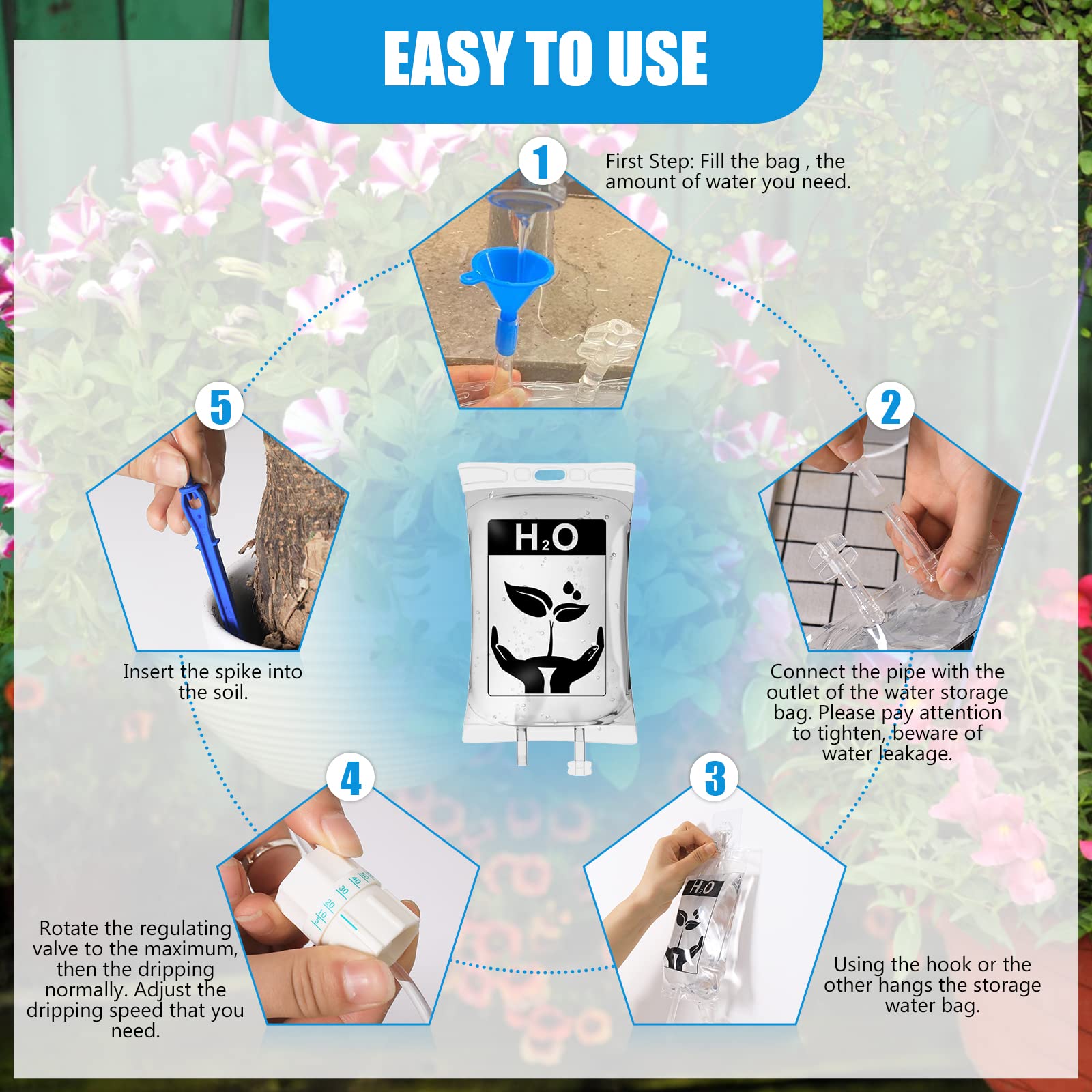 Plant Self Watering Devices with Spikes and Water Storage Bag, Slow Release Control Valve Switch Automatic Irrigation Watering Drip System, Plant Self Waterer-Preventing Stop Water and Leaks-3Pack