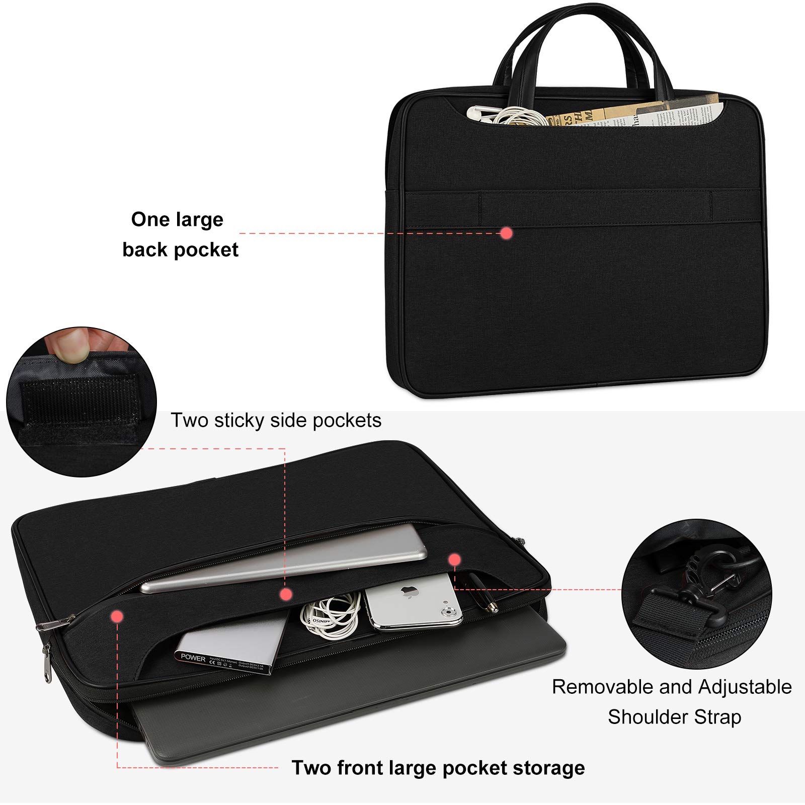 Laptop Case 15-15.6 inch Laptop Shoulder Bag Waterproof Computer Sleeve Carrying Business Bag for MacBook Air/Pro Notebook Portable Handle Laptop Messenger Bag Black